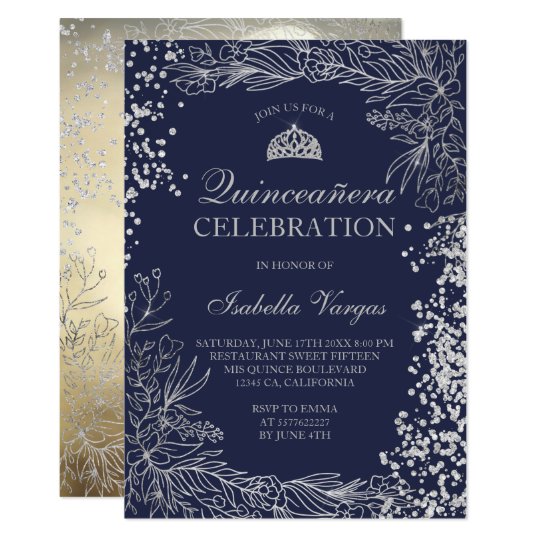 Silver floral navy blue photo Tiara Quinceañera Invitation | Zazzle.com