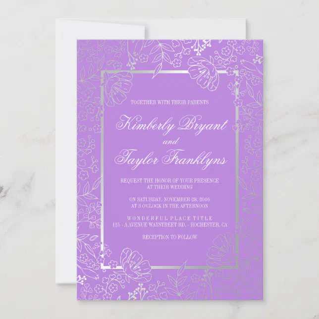 Silver Floral Purple Vintage Wedding Invitation | Zazzle