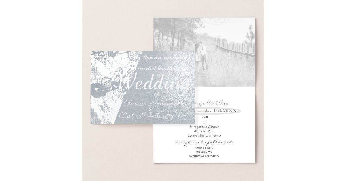 Silver Floral Wedding Invitation Custom Photo | Zazzle