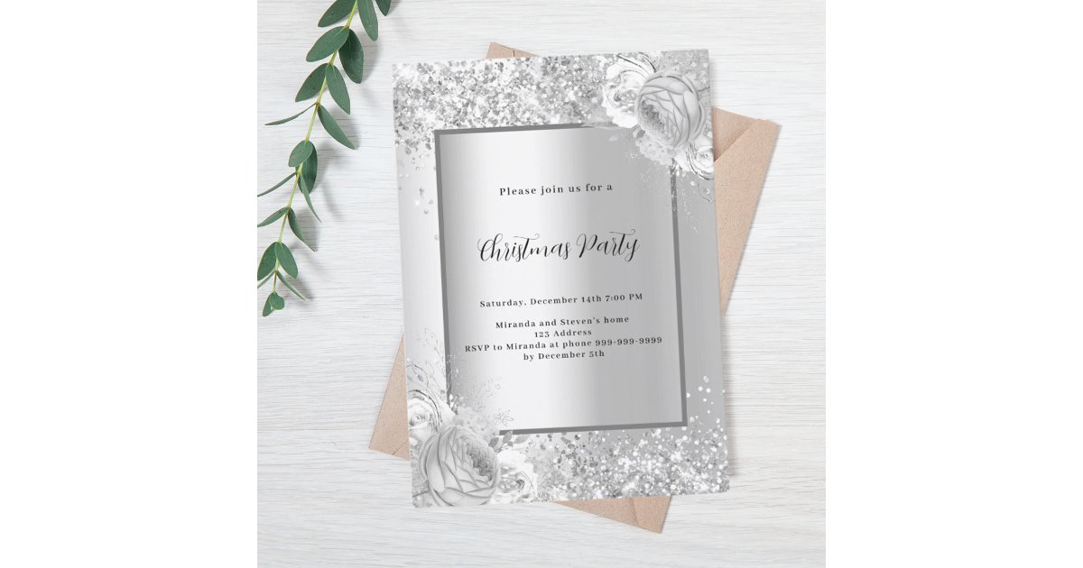 Silver florals Christmas Party Invitation | Zazzle