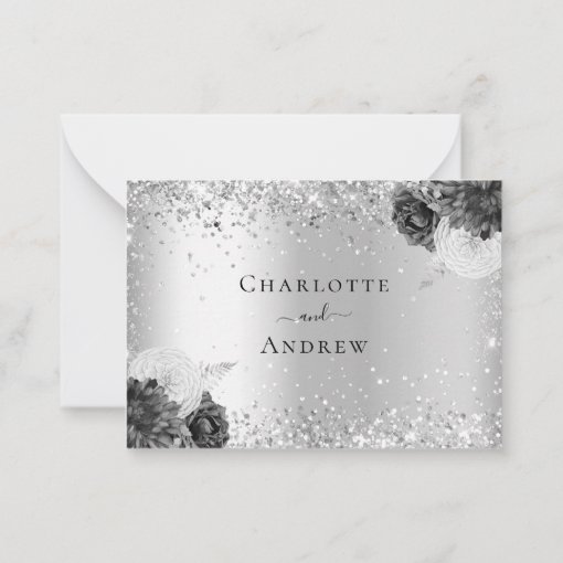 Silver florals glitter monochrome wedding RSVP Note Card | Zazzle