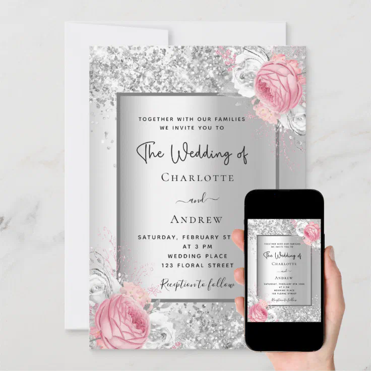 Silver florals pink white elegant wedding invitation | Zazzle