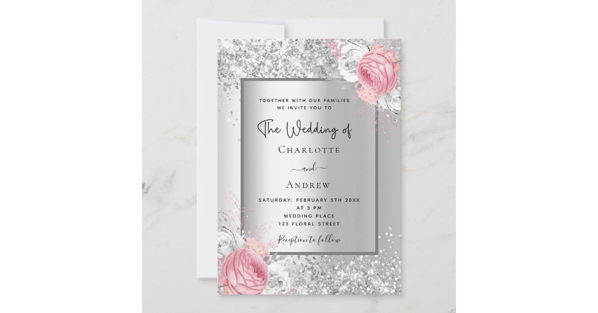 Silver florals pink white elegant wedding invitation | Zazzle