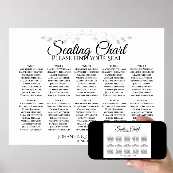 Silver Flourish 10 Table Wedding Seating Chart | Zazzle
