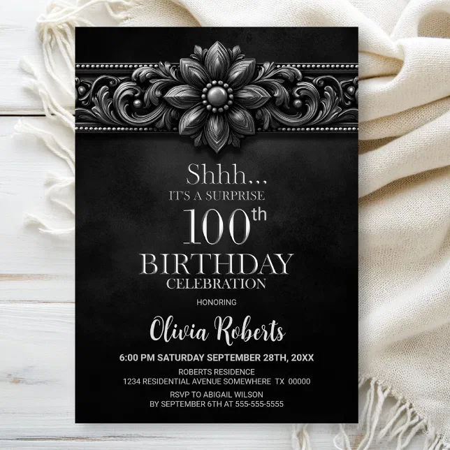 Silver Flower Black Surprise 100th Birthday Party Invitation | Zazzle