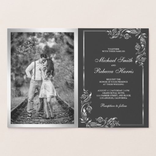 Silver Foil Floral Photo Grey Wedding Invitation | Zazzle