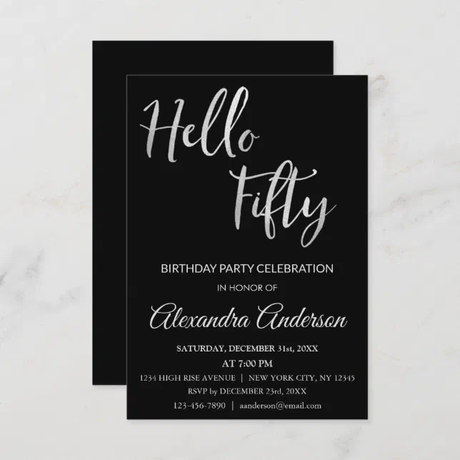 Silver Foil Hello 50 Fiftieth Birthday Party Invitation | Zazzle