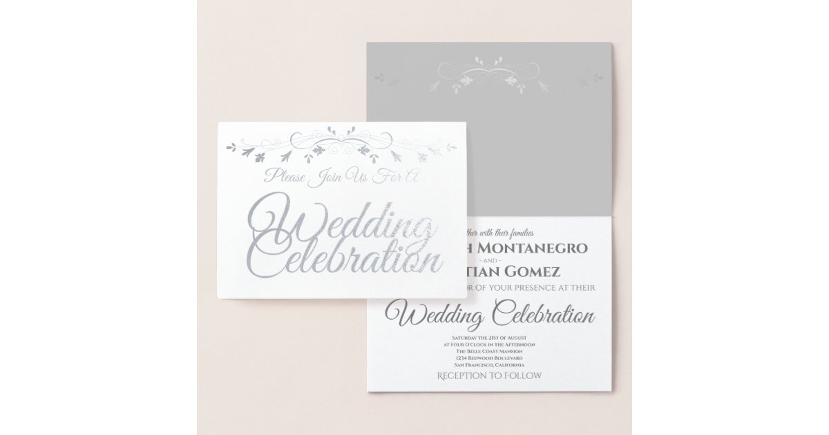 Silver Foil on White Elegant Wedding Invitation | Zazzle