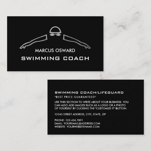 Silver Foil Swimmer, Swimming Coach & Lifeguard Business Card | Zazzle