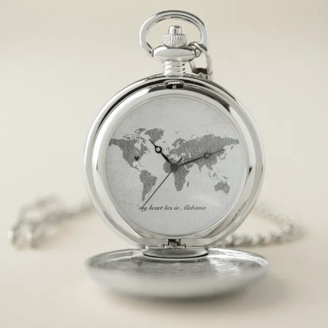 Silver Foil World Map Moveable Heart Location Pocket Watch | Zazzle