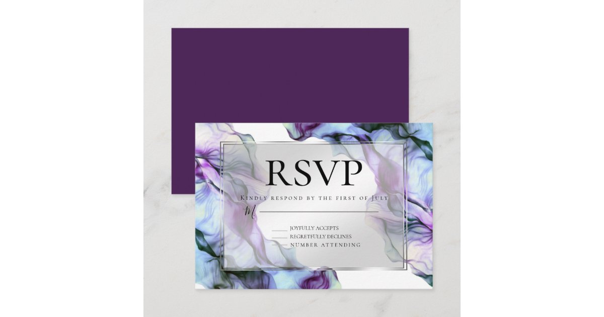 Silver Frame Abstract Plum Teal Flowing Ink Invitation | Zazzle