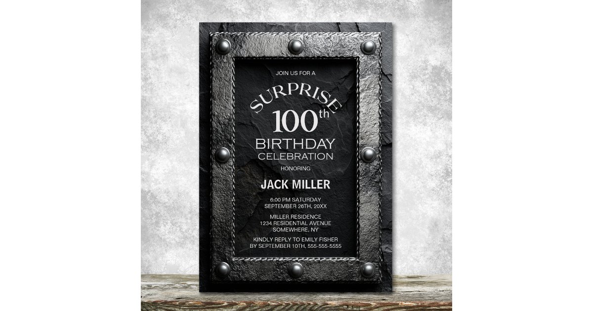 Silver Frame Black Slate Surprise 100th Birthday Invitation | Zazzle