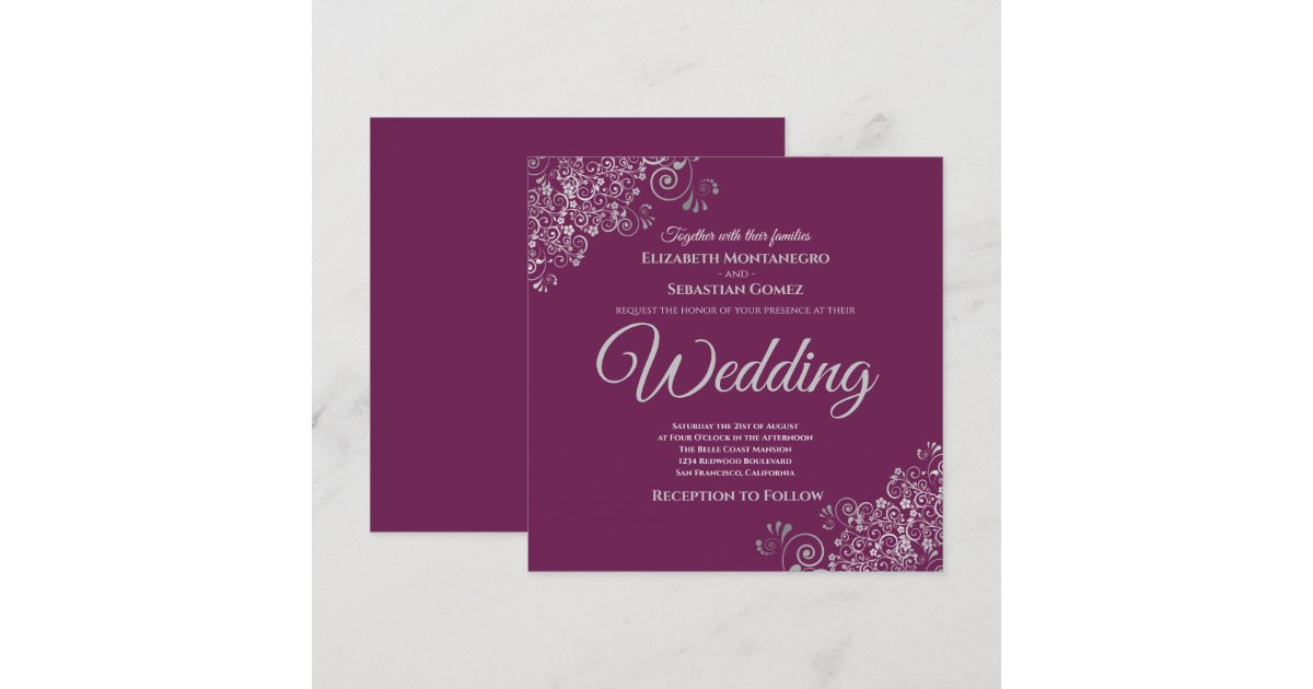 Silver Frills Elegant Cassis Purple Square Wedding Invitation | Zazzle