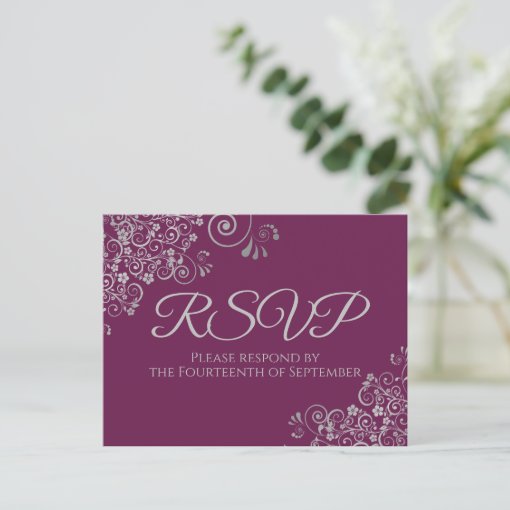 Silver Frills Elegant Cassis Purple Wedding RSVP Postcard | Zazzle