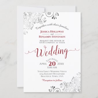 Silver Frills Elegant Red & Gray on White Wedding Invitation | Zazzle