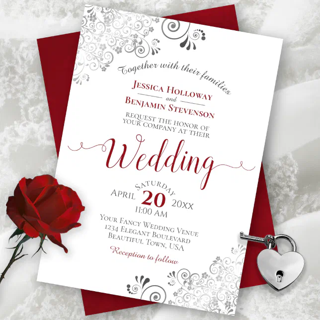 Silver Frills Elegant Red & Gray on White Wedding Invitation | Zazzle