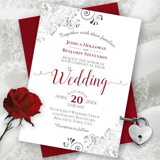 Silver Frills Elegant Red & Gray on White Wedding Invitation | Zazzle