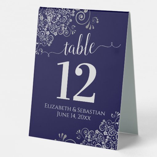 Silver Frills Navy Blue Wedding Table Number Table Tent Sign | Zazzle