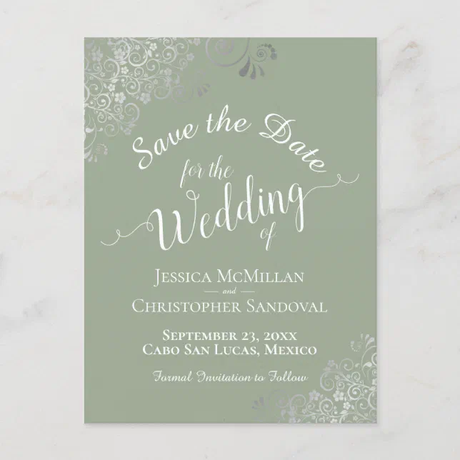 Silver Frills on Sage Green Wedding Save the Date Announcement Postcard ...