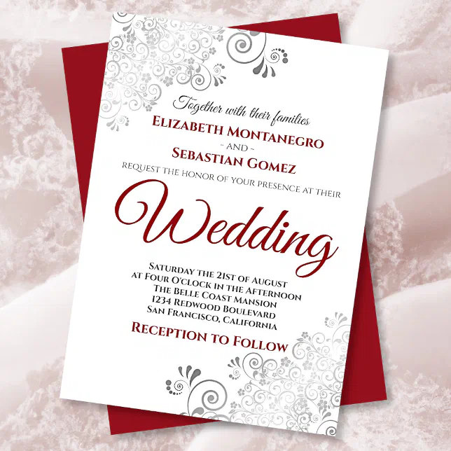 Silver Frills Red & Gray on White Wedding Invitation | Zazzle