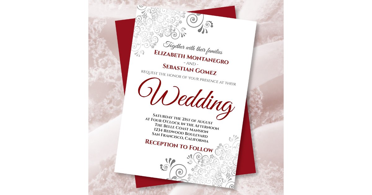 Silver Frills Red & Gray on White Wedding Invitation | Zazzle