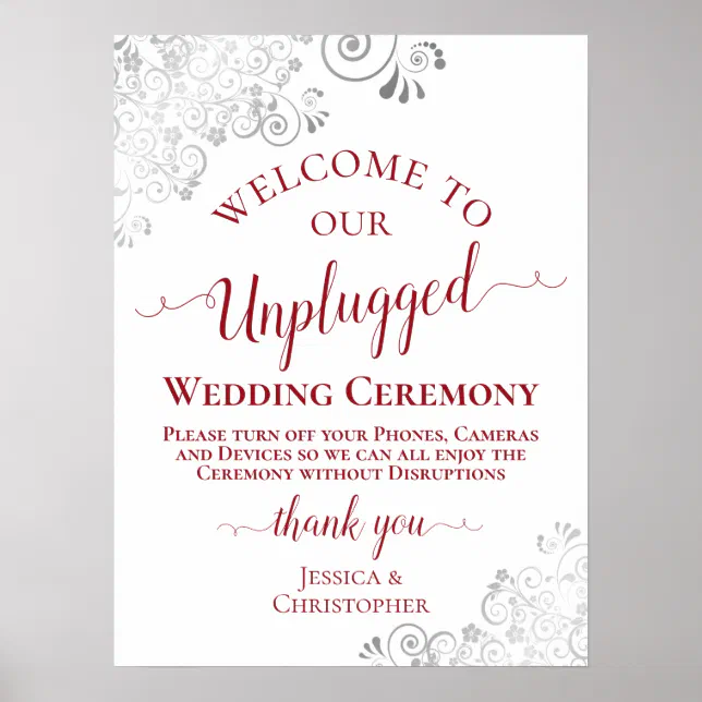 Silver Frills Red Text Unplugged Wedding Ceremony Poster | Zazzle
