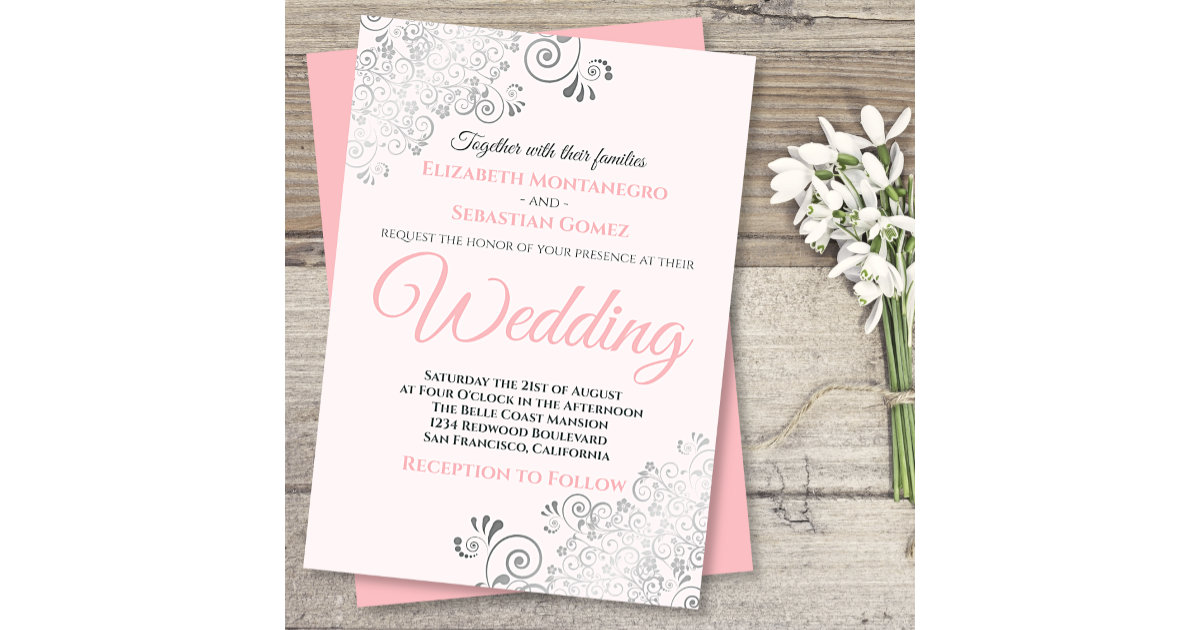 Silver Frills Simple Chic Pink and Gray Wedding Invitation | Zazzle