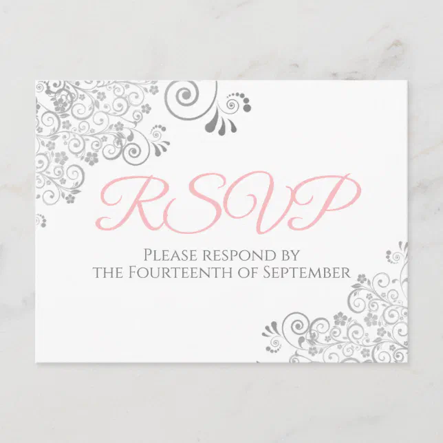 Silver Frills Simple Elegant Pink Wedding RSVP Postcard | Zazzle