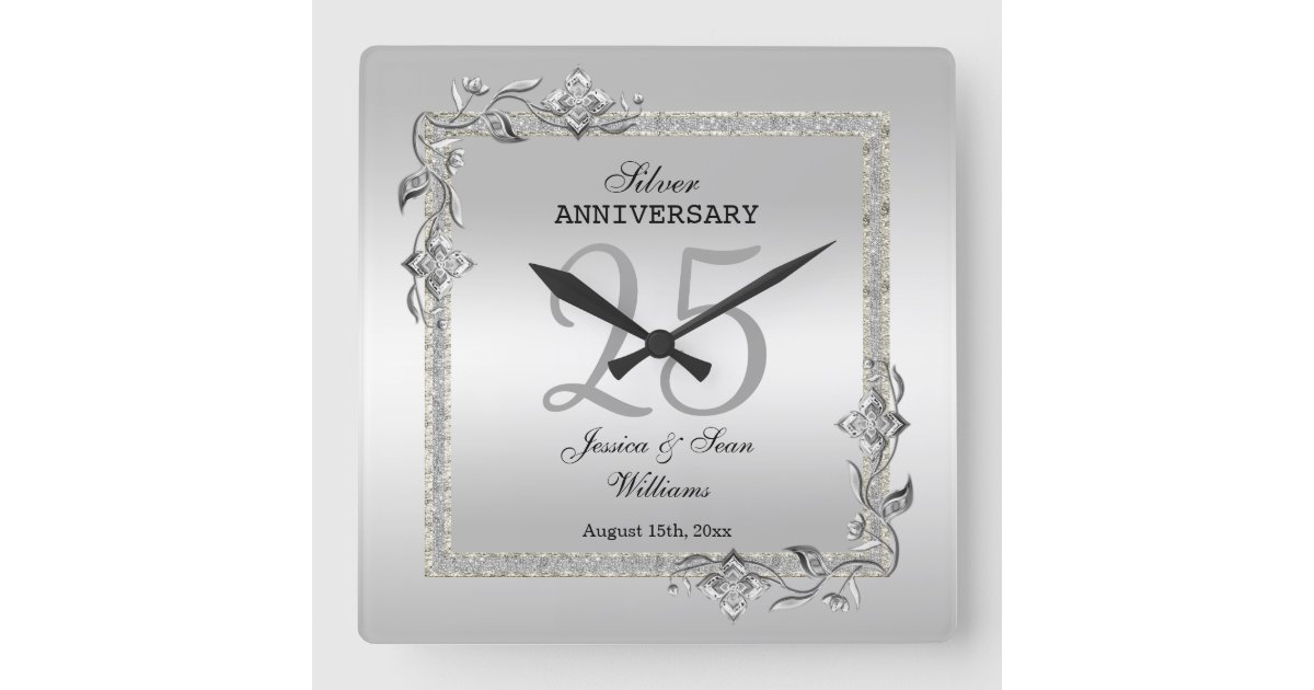 Silver Gem & Glitter 25th Wedding Anniversary Square Wall Clock | Zazzle