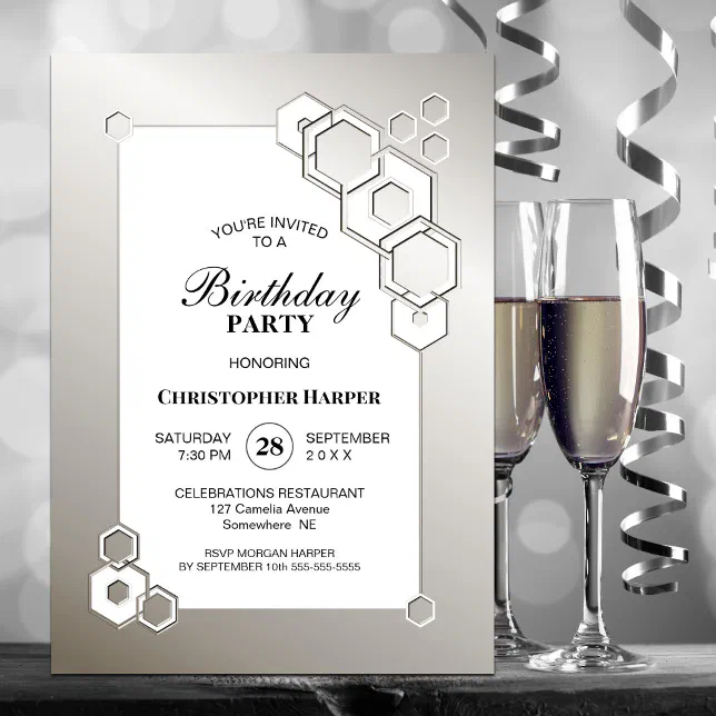 Silver Geometric Birthday Party Invitation | Zazzle