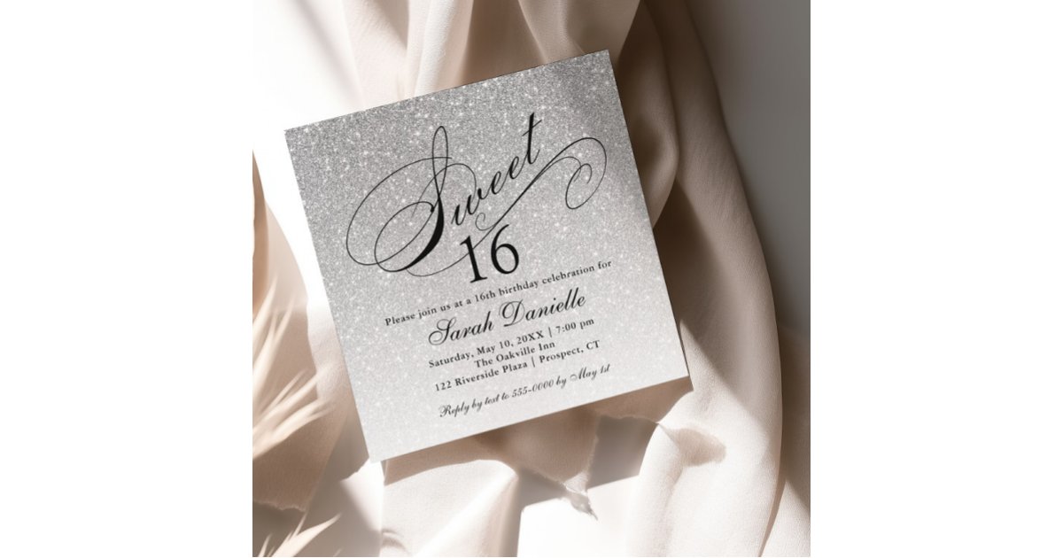 Silver Glam Glitter Sweet 16 Square Invitation | Zazzle