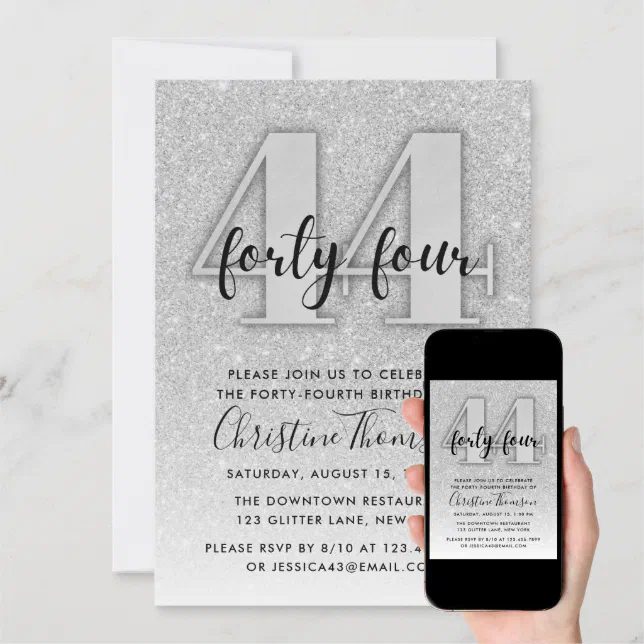 Silver Glitter 44th Birthday Invitation | Zazzle