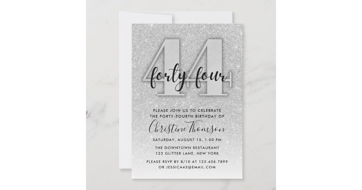 Silver Glitter 44th Birthday Invitation | Zazzle