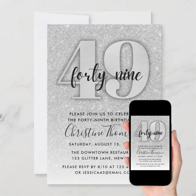 Silver Glitter 49th Birthday Invitation | Zazzle