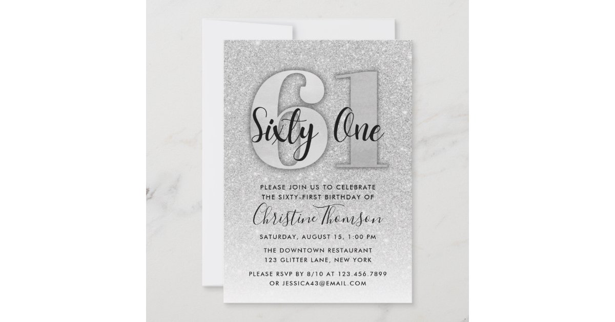 Silver Glitter 61st Birthday Invitation | Zazzle