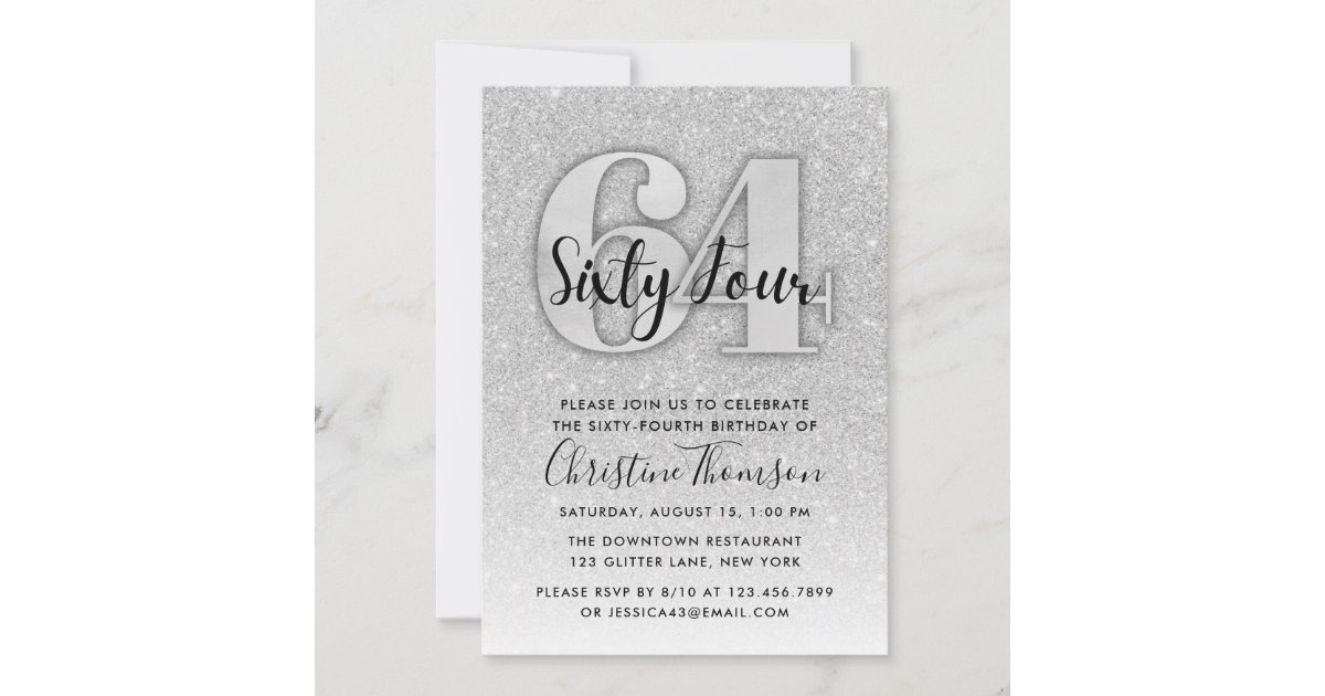 Silver Glitter 64th Birthday Invitation | Zazzle