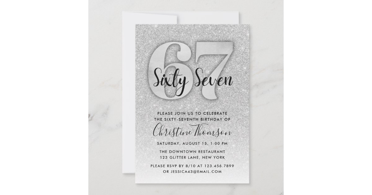 Silver Glitter 67th Birthday Invitation | Zazzle