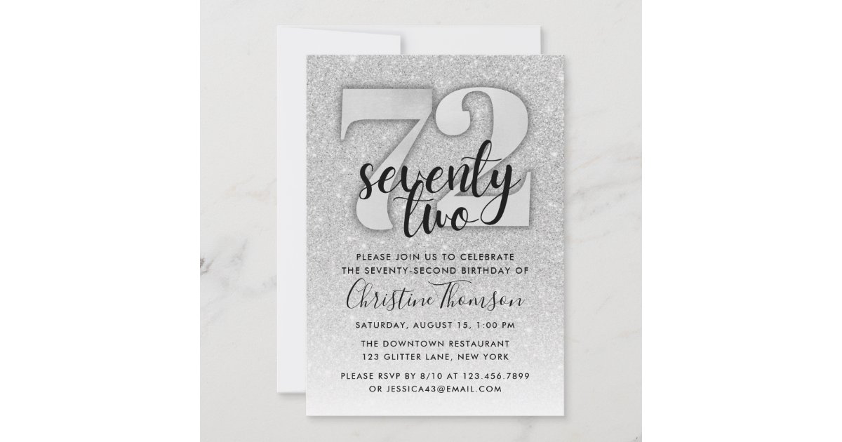 Silver Glitter 72nd Birthday Invitation | Zazzle