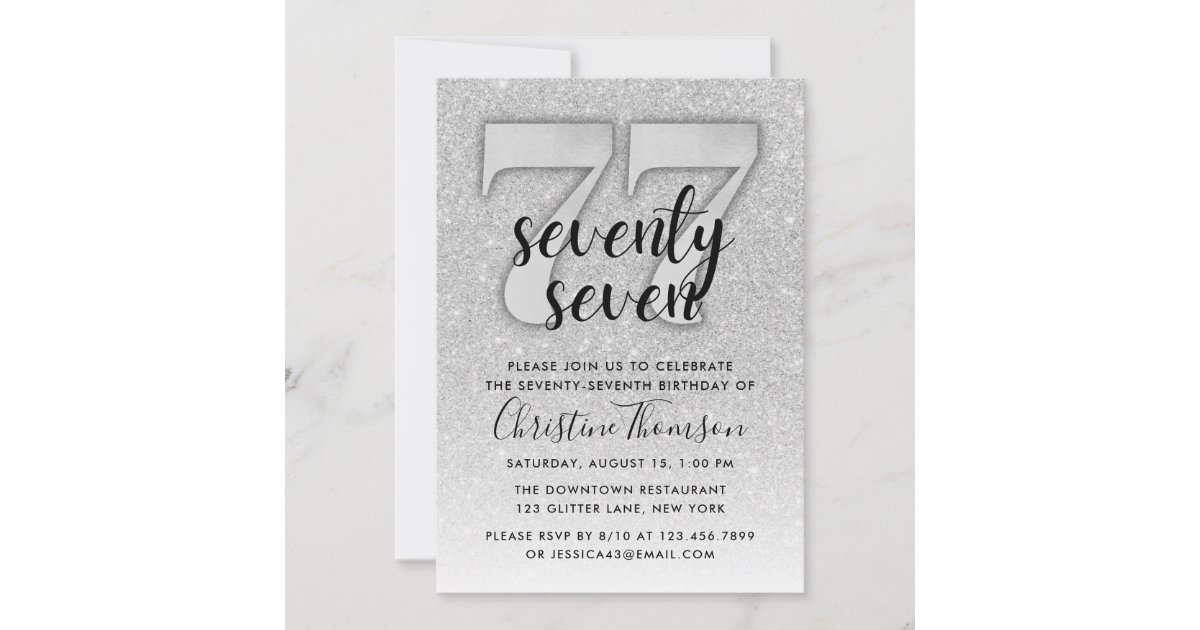 Silver Glitter 77th Birthday Invitation | Zazzle