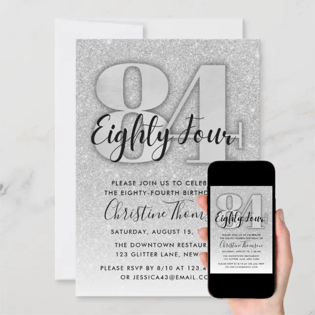 Silver Glitter 84th Birthday Invitation | Zazzle