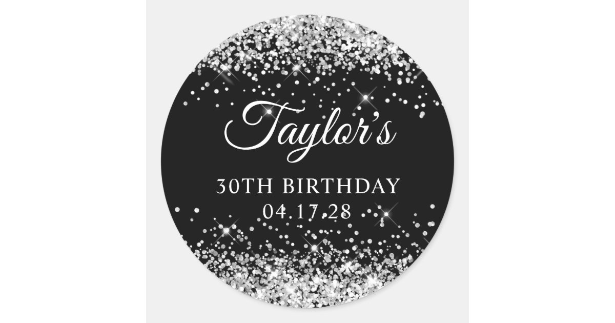Silver Glitter and Black 30th Birthday Classic Round Sticker | Zazzle