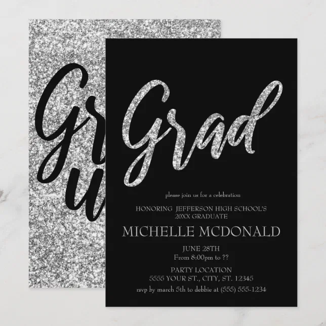 Silver Glitter and Black Graduation Party Invitation | Zazzle