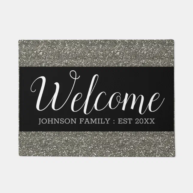 Silver Glitter And Black Welcome Home Doormat | Zazzle