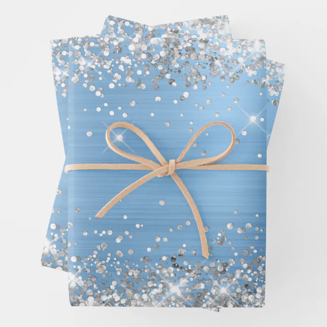 Silver Glitter and Light Blue Ombre Foil Wrapping Paper Sheets | Zazzle
