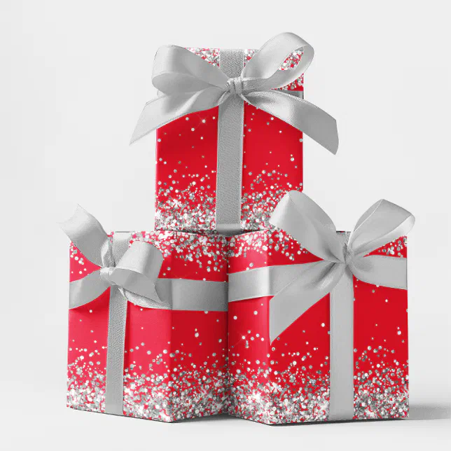 Silver Glitter and Red Wrapping Paper Sheets | Zazzle