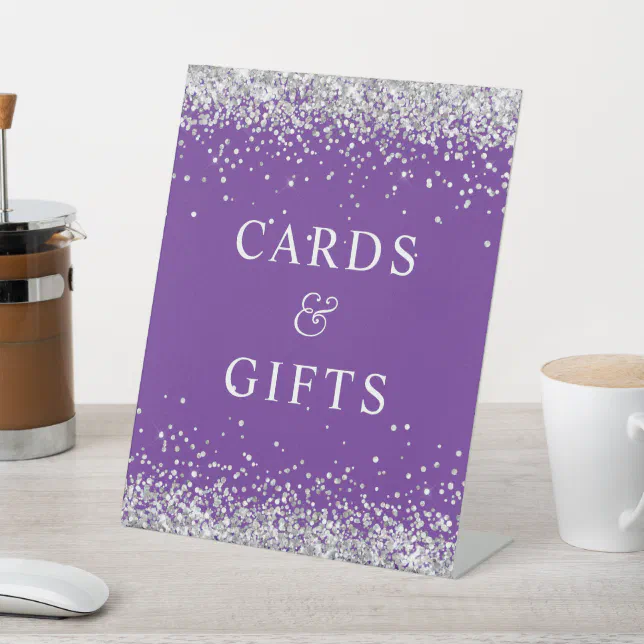 Silver Glitter and Royal Purple Cards & Gifts Pedestal Sign | Zazzle