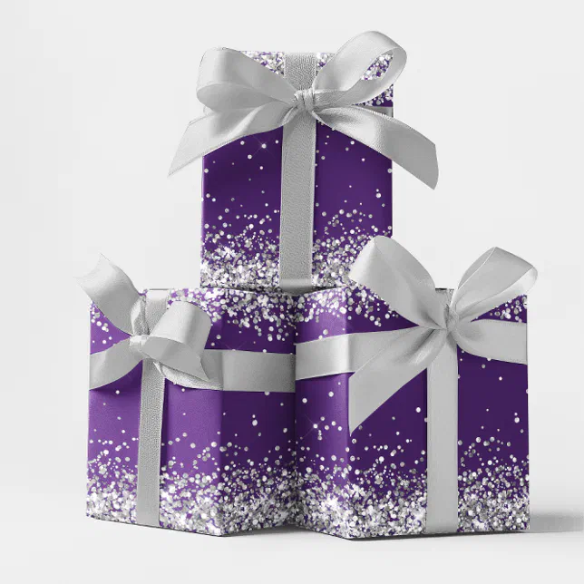 Silver Glitter and Royal Purple Wrapping Paper Sheets | Zazzle