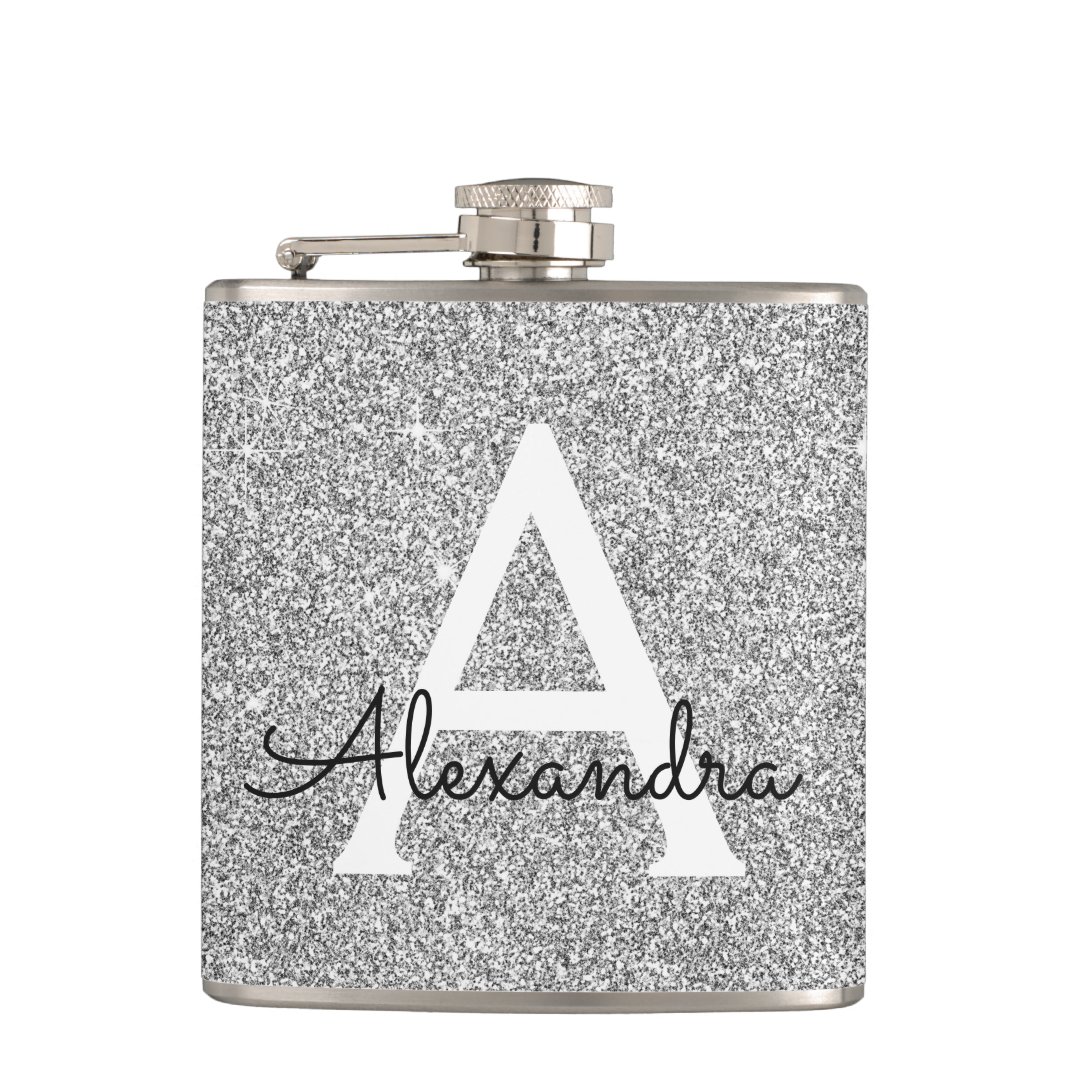 Silver Glitter and Sparkle Monogram Initial Hip Flask | Zazzle