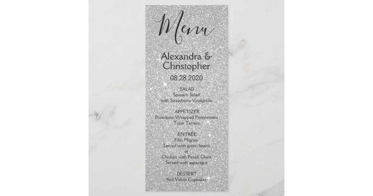 Silver Glitter and Sparkle Wedding Menu | Zazzle