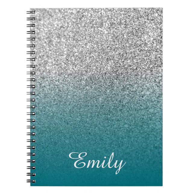 Silver Glitter and Teal Ombre Personalized Notebook | Zazzle
